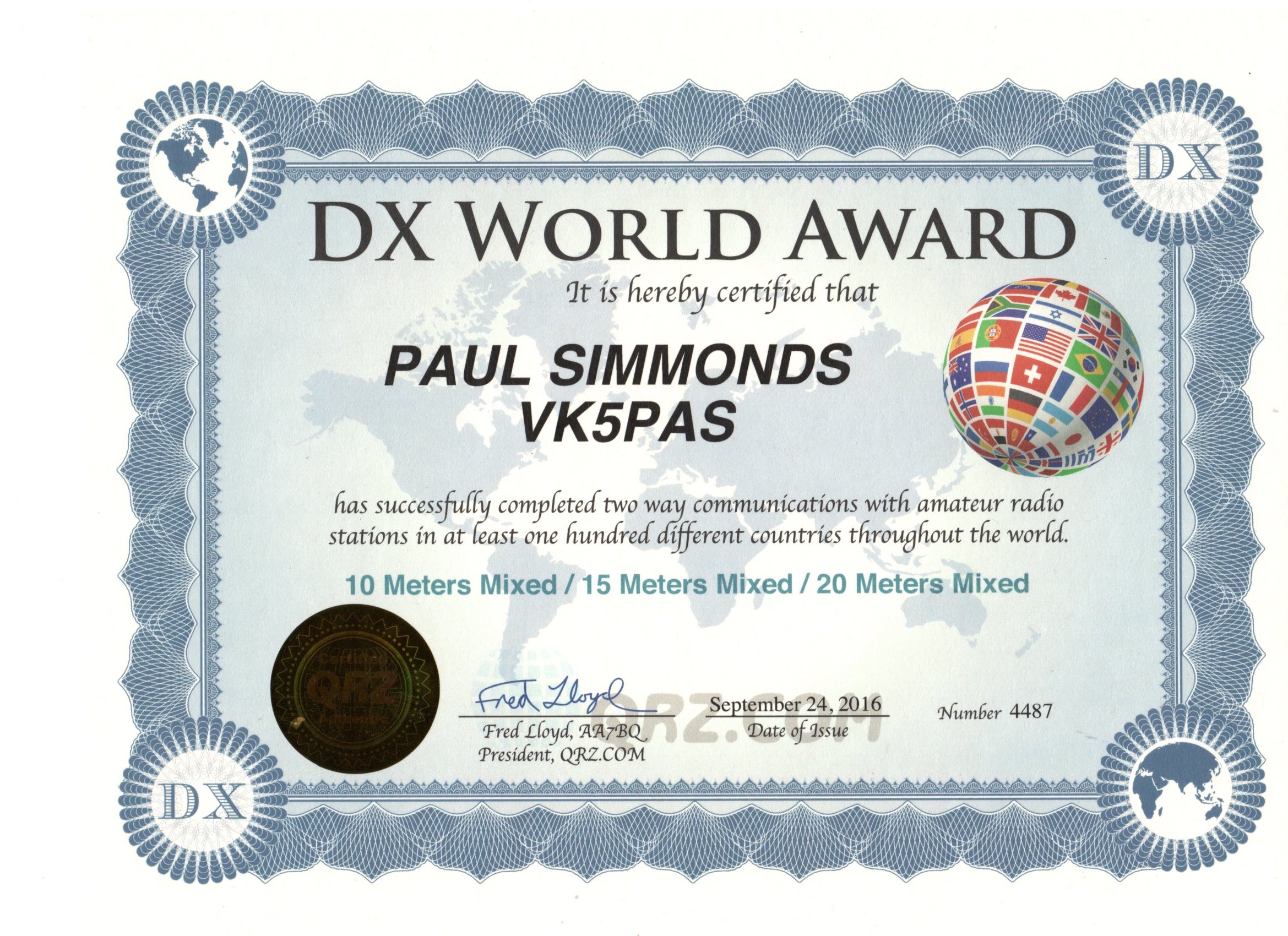 DX World Award from QRZ.com | VK5PAS