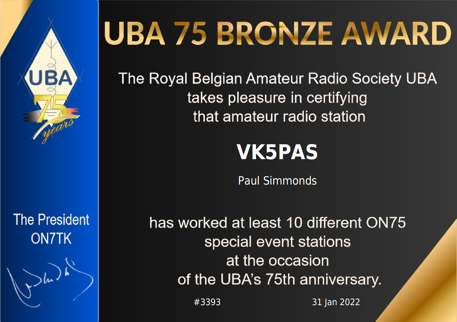 UBA 75 Bronze Award | VK5PAS