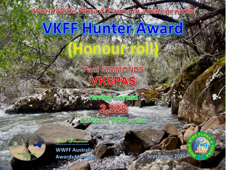 VKFF Hunter Honour Roll 2,325 certificate | VK5PAS