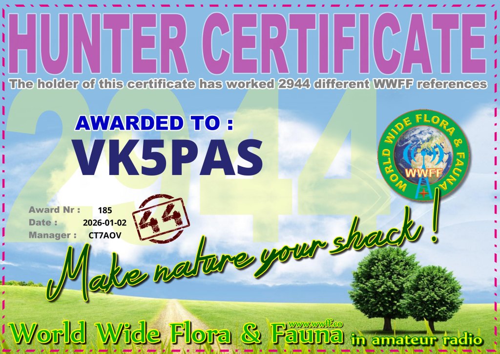 WWFF Hunter 2944 certificate | VK5PAS